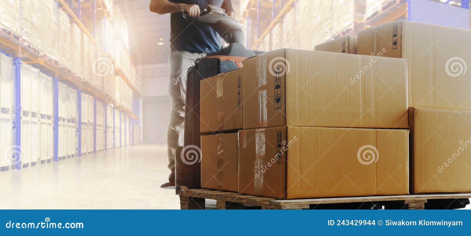 Workers Driving Electric Forklift Pallet Jack Unloading Packaging Boxes ...