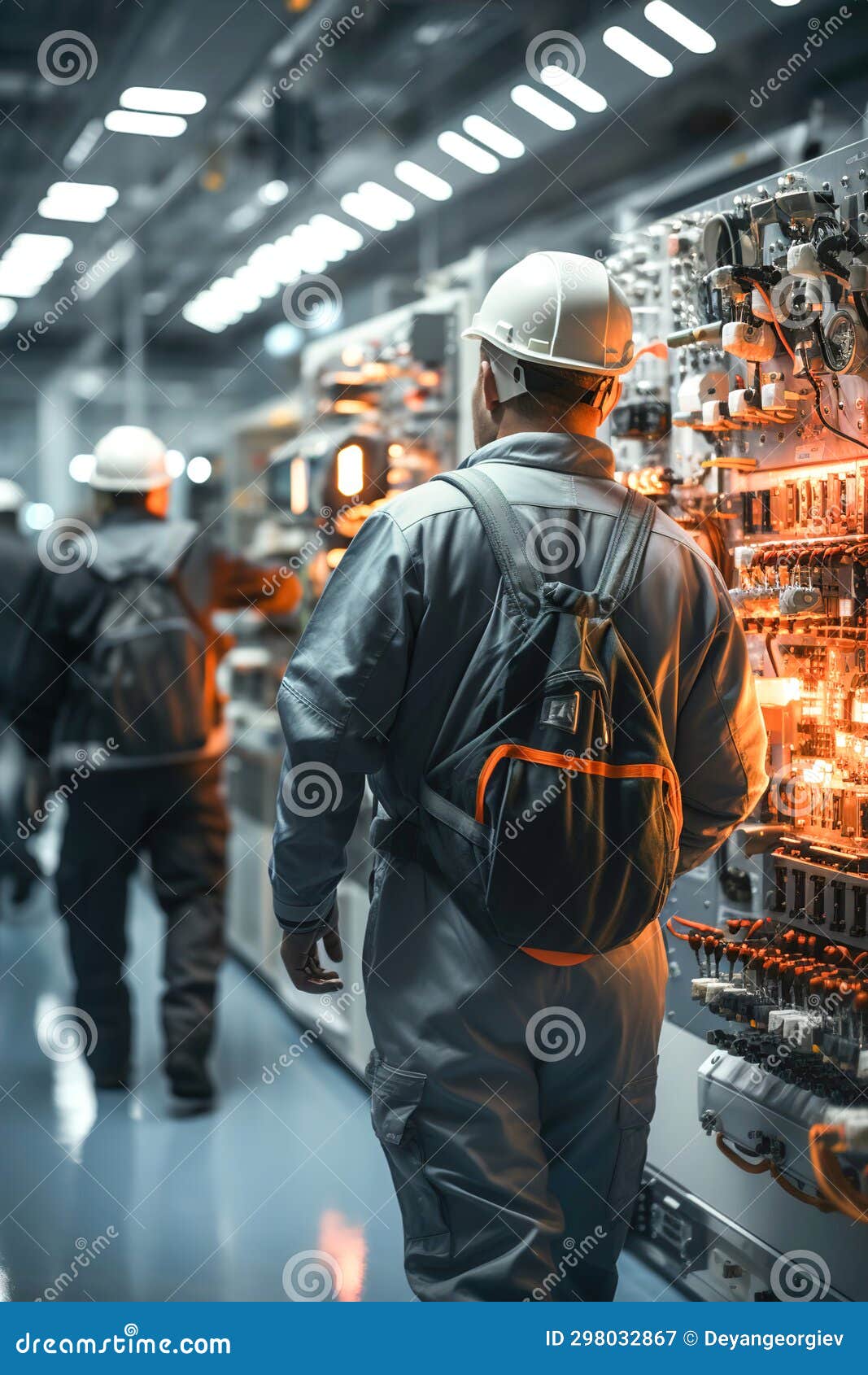 Workers Electrician Specialists Work in a Power Plant. Electrical ...