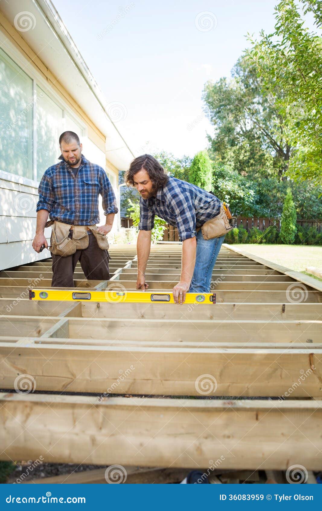 Workers Examining Level of Wood at Site Stock Image - Image of ...