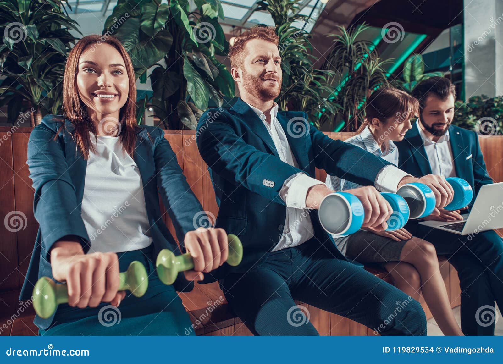 Workers Exercising on Bench in Office. Stock Photo - Image of exercise ...