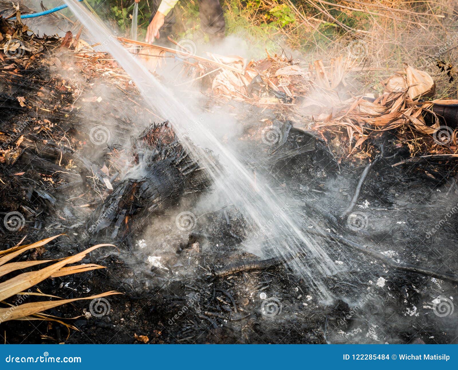 Workers Extinguish Fire with Water Stock Photo - Image of quench, black ...