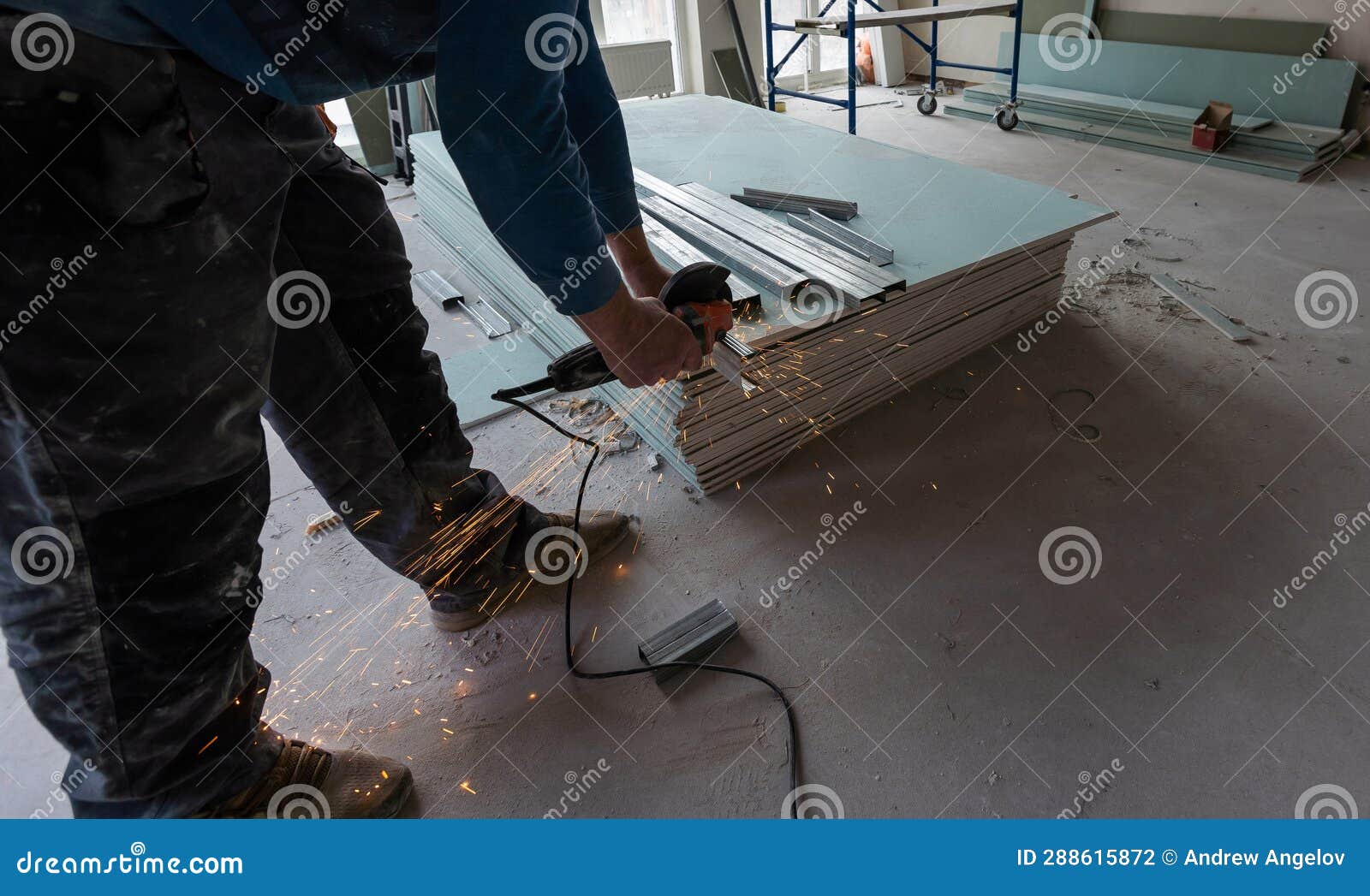 Workers Fitting Panel into Frame of Ceiling. Stock Photo - Image of ...