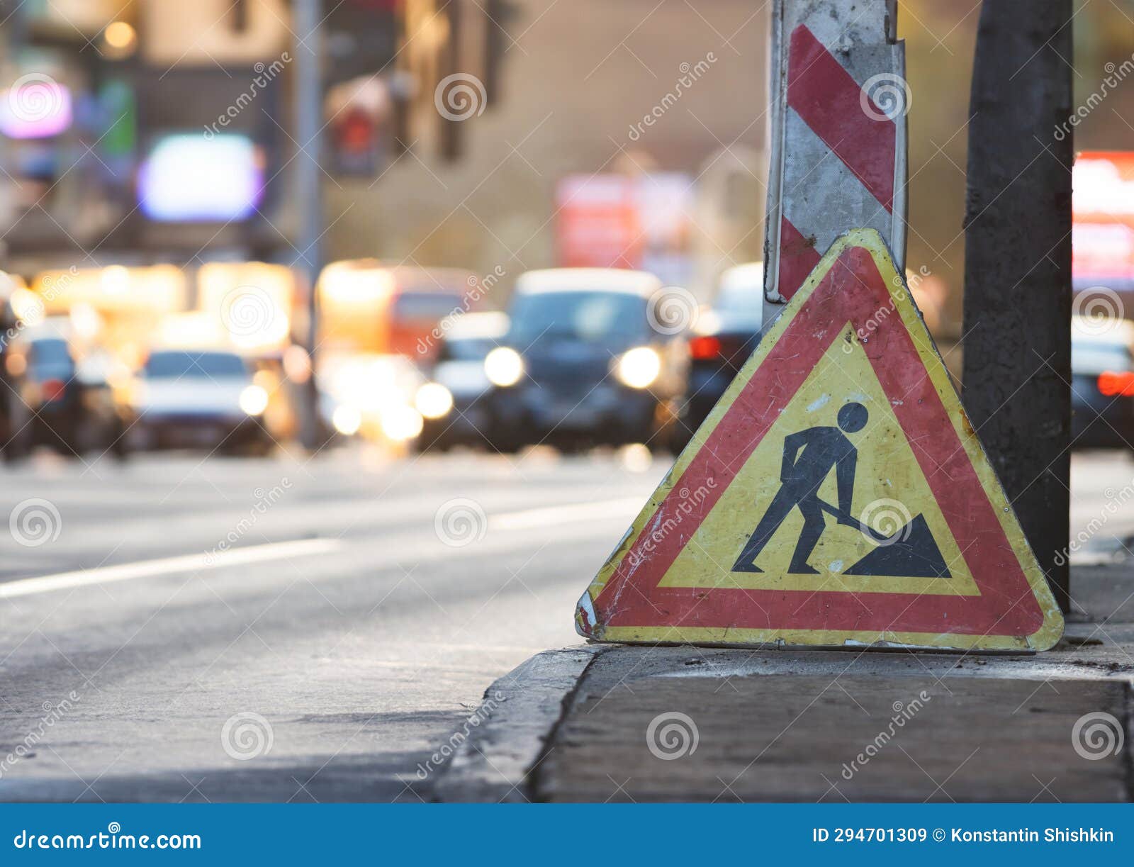 Workers Fixing the Road with Sign Stock Image - Image of traffic, blue ...