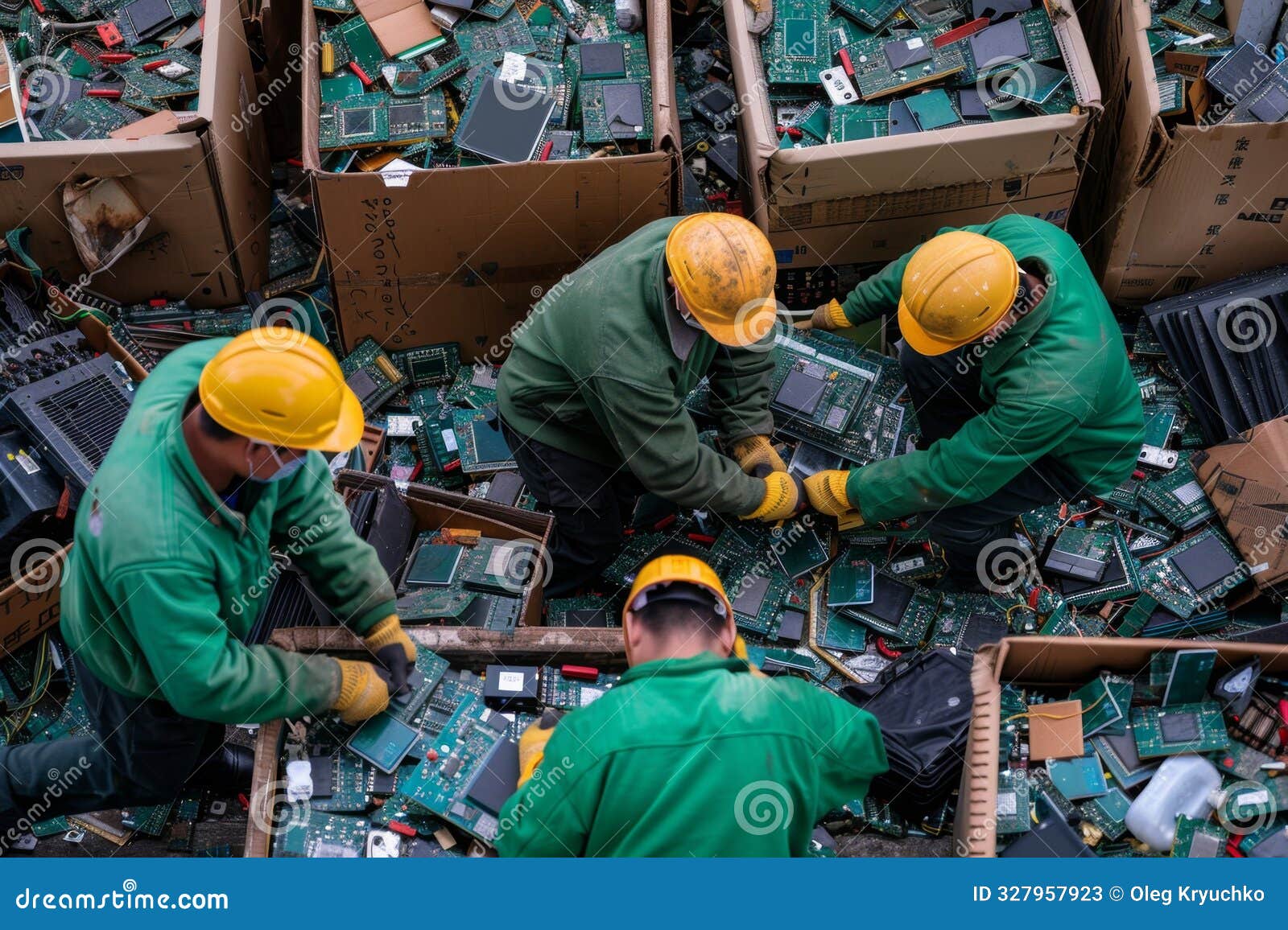 Workers in Green Uniforms and Yellow Helmets Sort through Piles of ...
