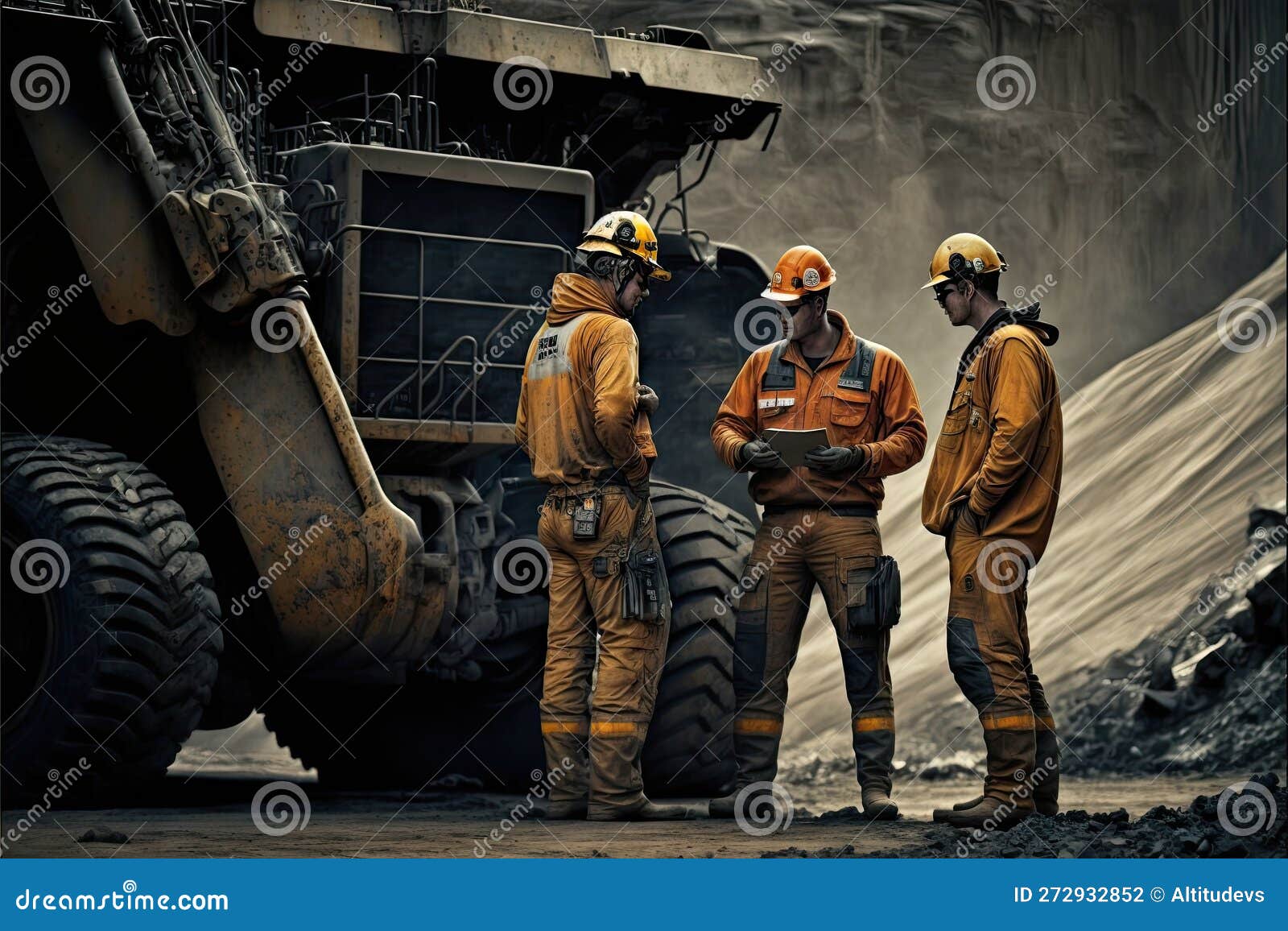 Workers Group in Coal Mining Quarry Discussing Project Standing in ...