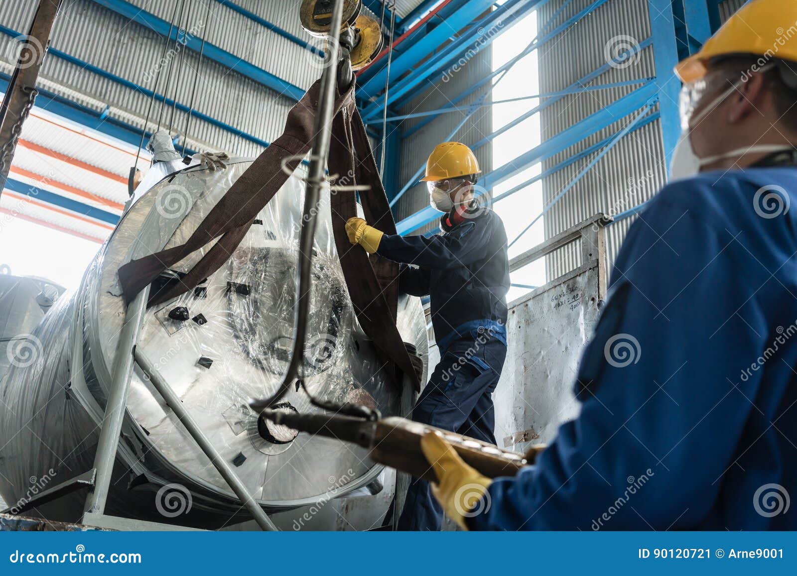Workers Handling Equipment for Lifting Industrial Boilers Stock Image ...