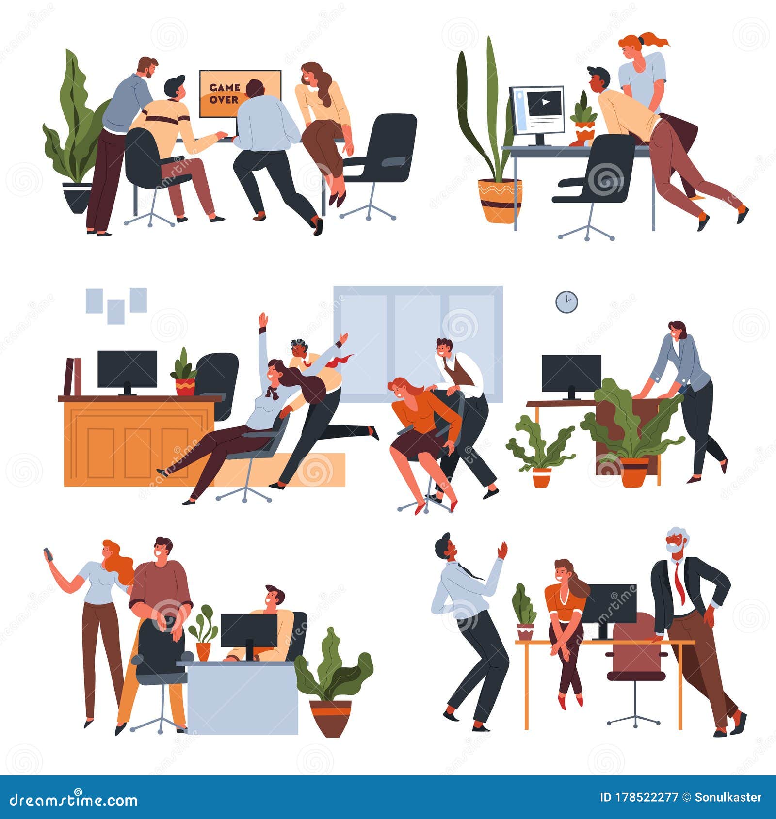 Workers Having Fun in Office at Breaks Set Stock Vector - Illustration ...