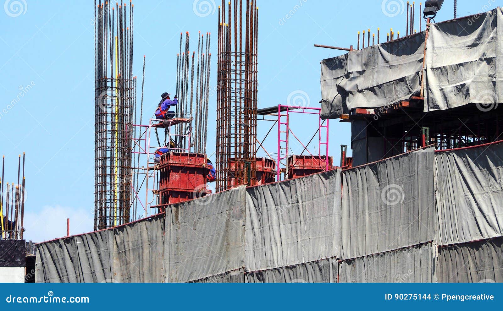 Workers on High Building Construction Site. Stock Photo - Image of blue ...