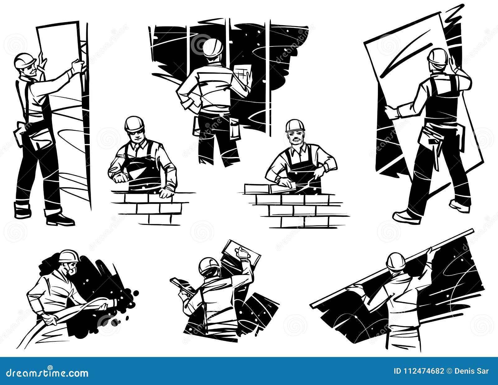 Workers In The House Work With The Walls. Laying Bricks, Plaster Walls ...