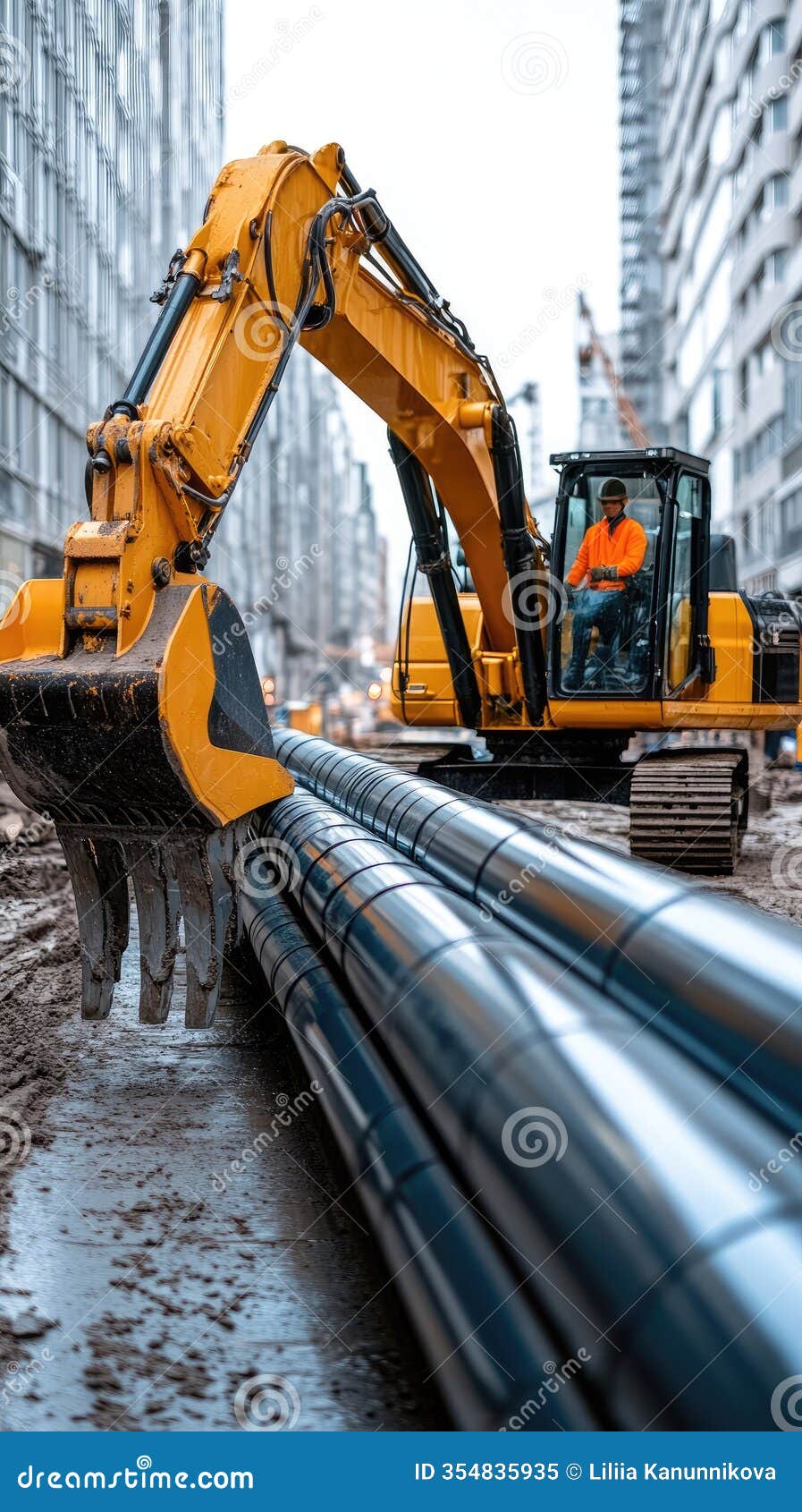 Workers Install New Water Main System Featuring Blue Plastic Pipes and ...