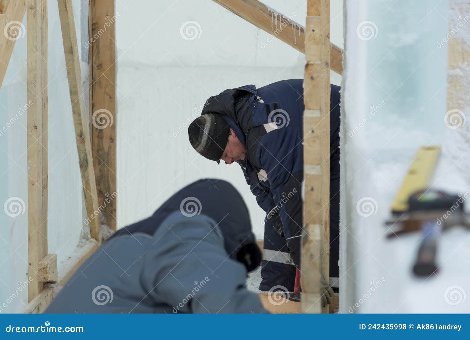 Workers on the Installation of the Frame of a Wooden Slide Stock Photo ...