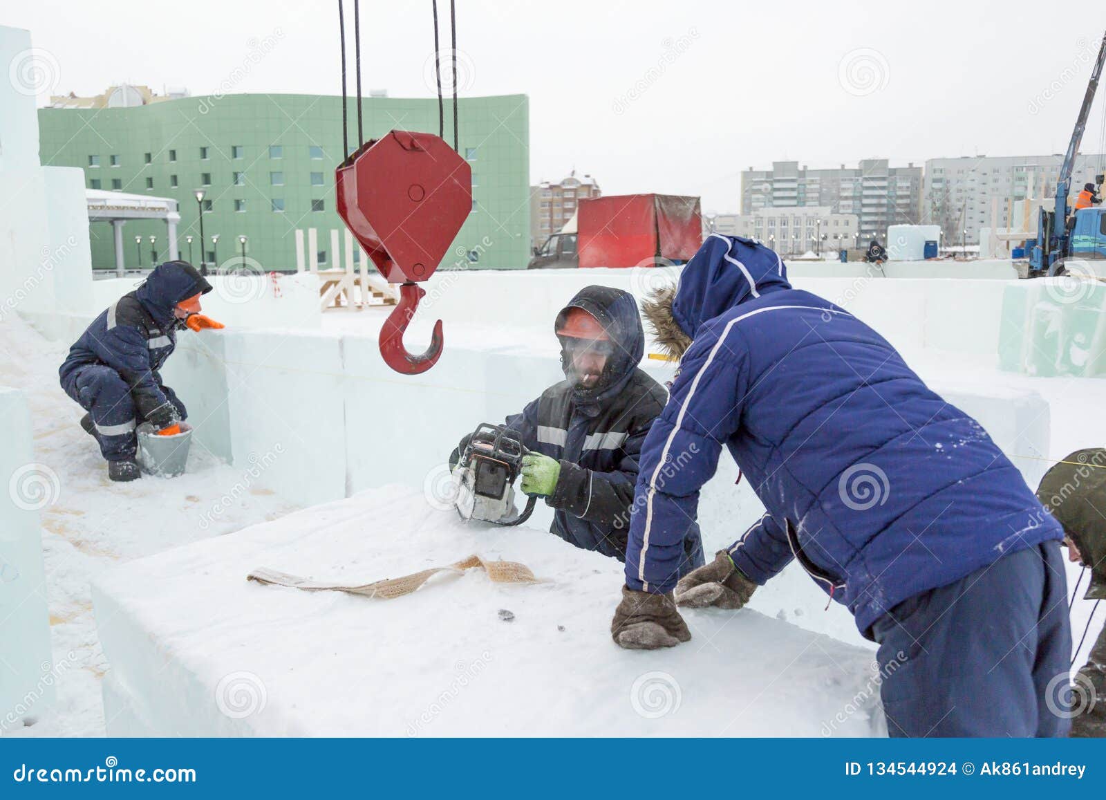 Workers on the Installation of the Ice Town Stock Photo - Image of blue ...
