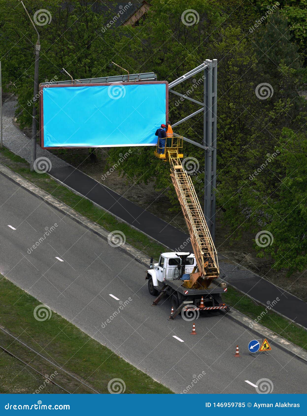 Workers Installing Blank Blue Billboard Outdoor Editorial Image - Image ...