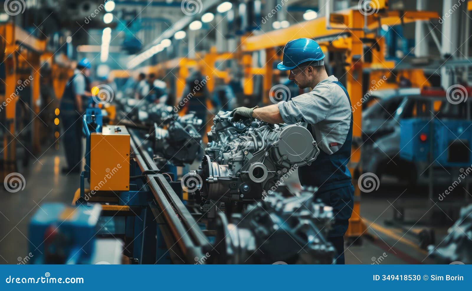 Workers Installing Engines on the Production Line in a Car ...