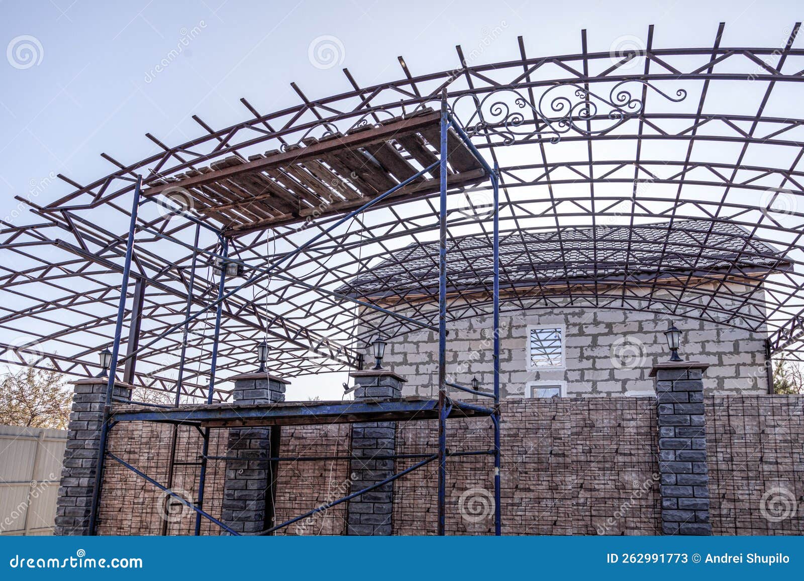 Workers are Installing a Metal Canopy. Stock Image - Image of building ...