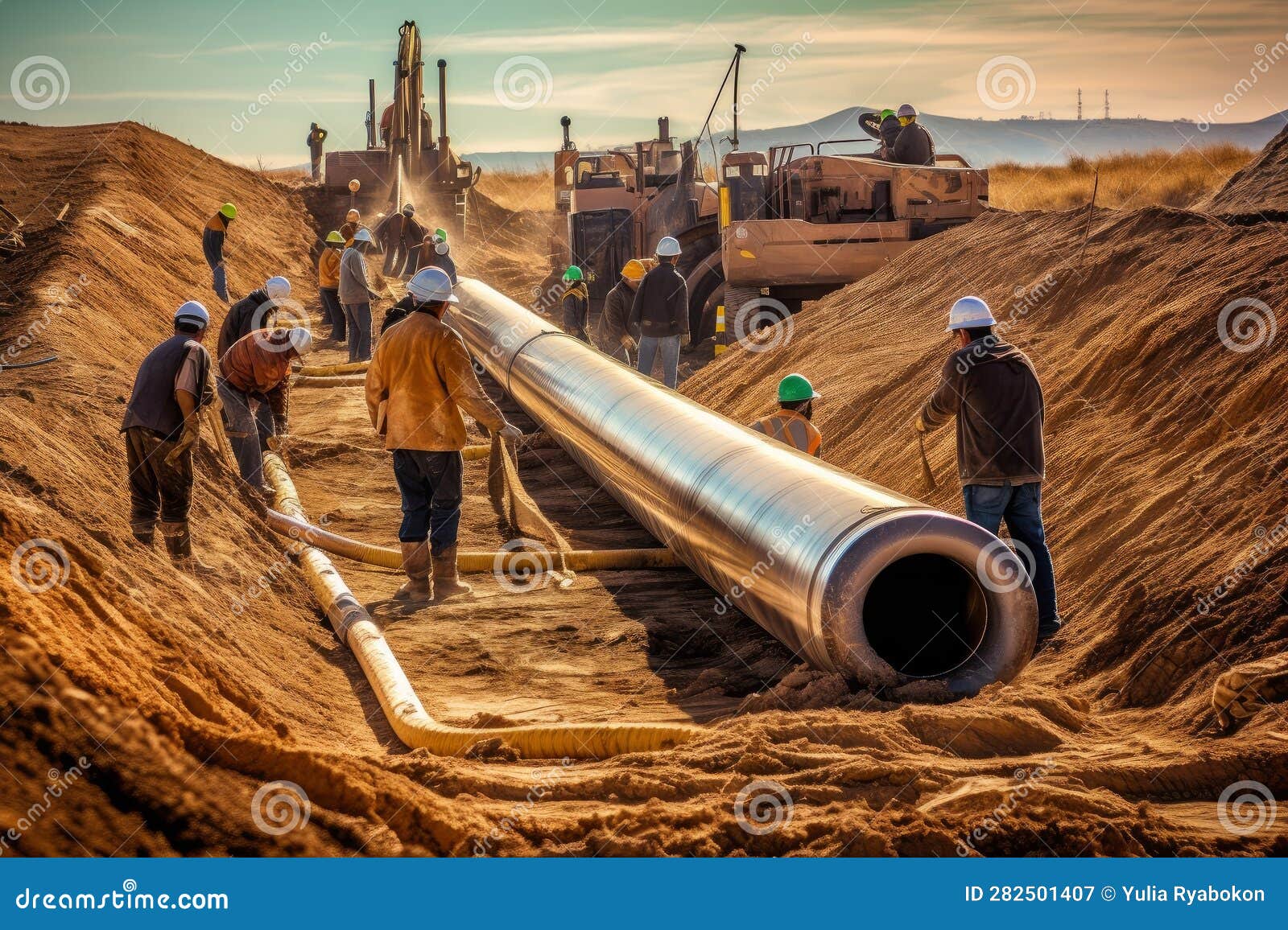 Workers Installing Pipeline in Morning. Generate Ai Stock Illustration ...