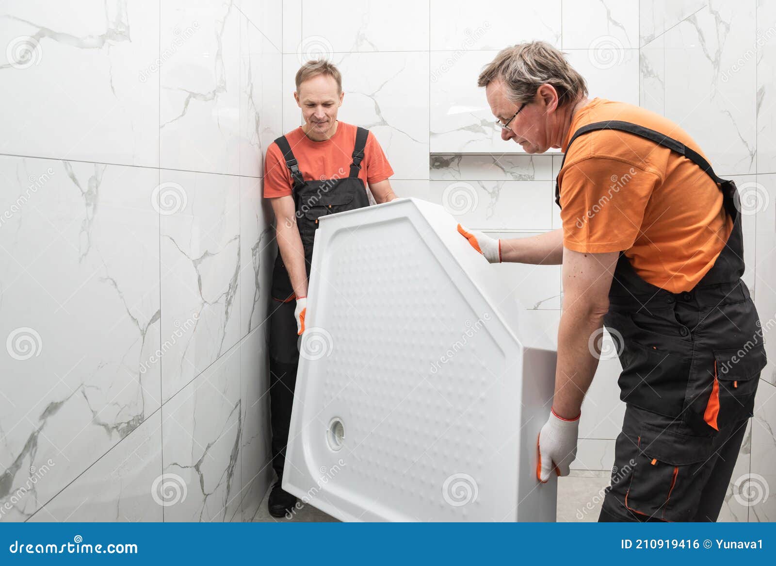 Workers are Installing a Shower Tray Stock Photo - Image of metal ...