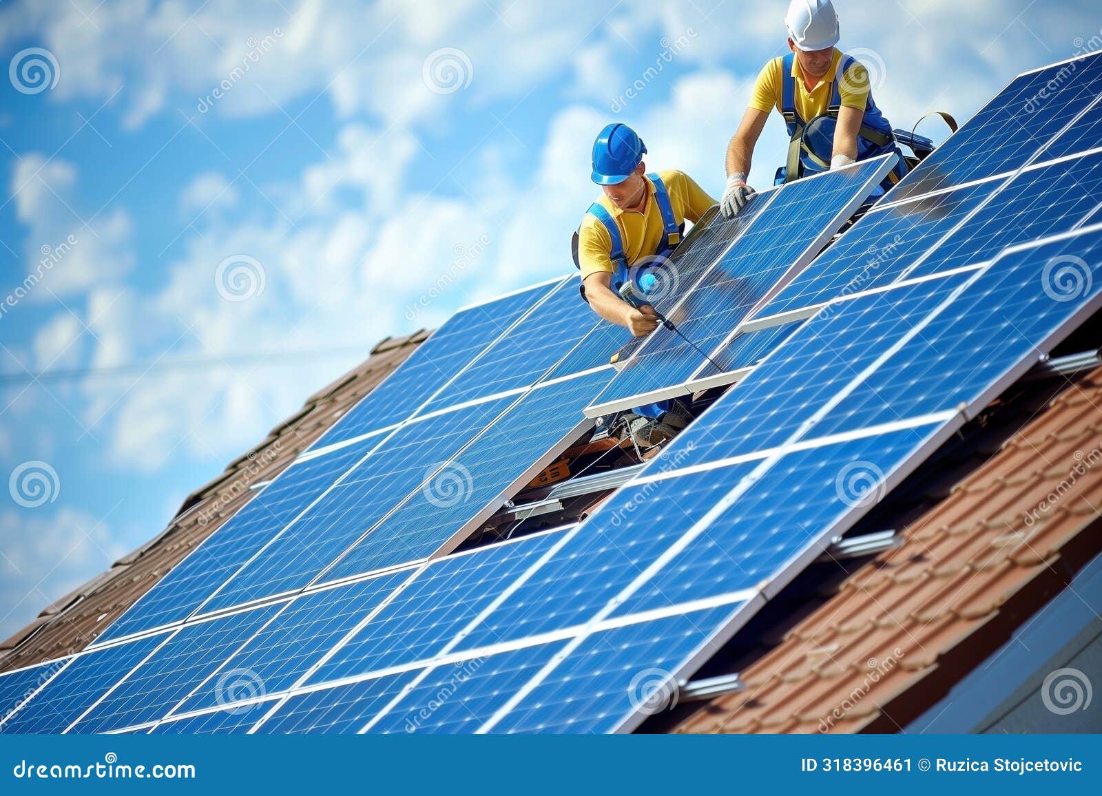 Workers Installing Solar Panels on Roof Ai Photo Stock Illustration ...