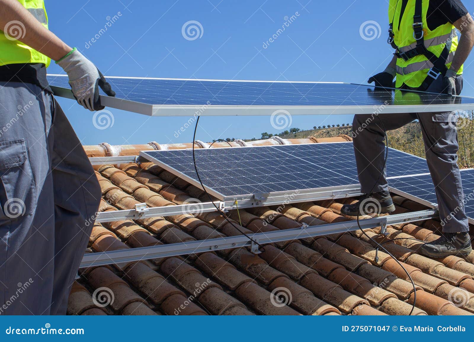 Workers Installing Solar Panels on the Roof Stock Image - Image of ...