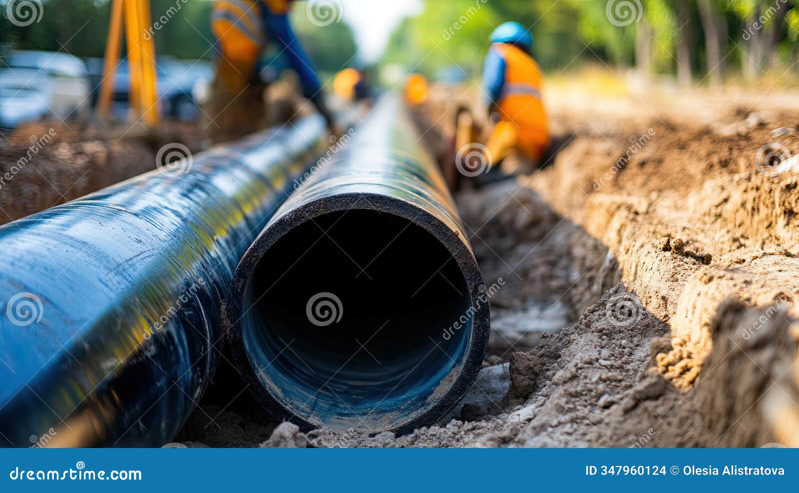 Workers Installing Underground Pipes for Utility Infrastructure ...