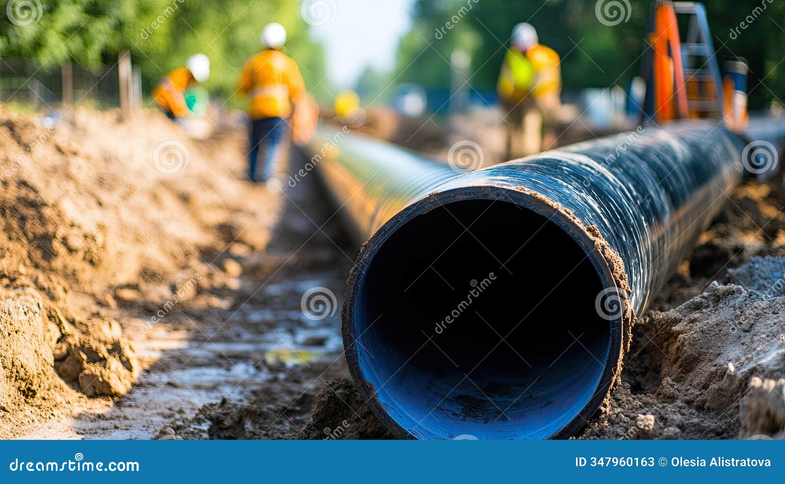 Workers Installing Underground Pipes for Utility Infrastructure ...