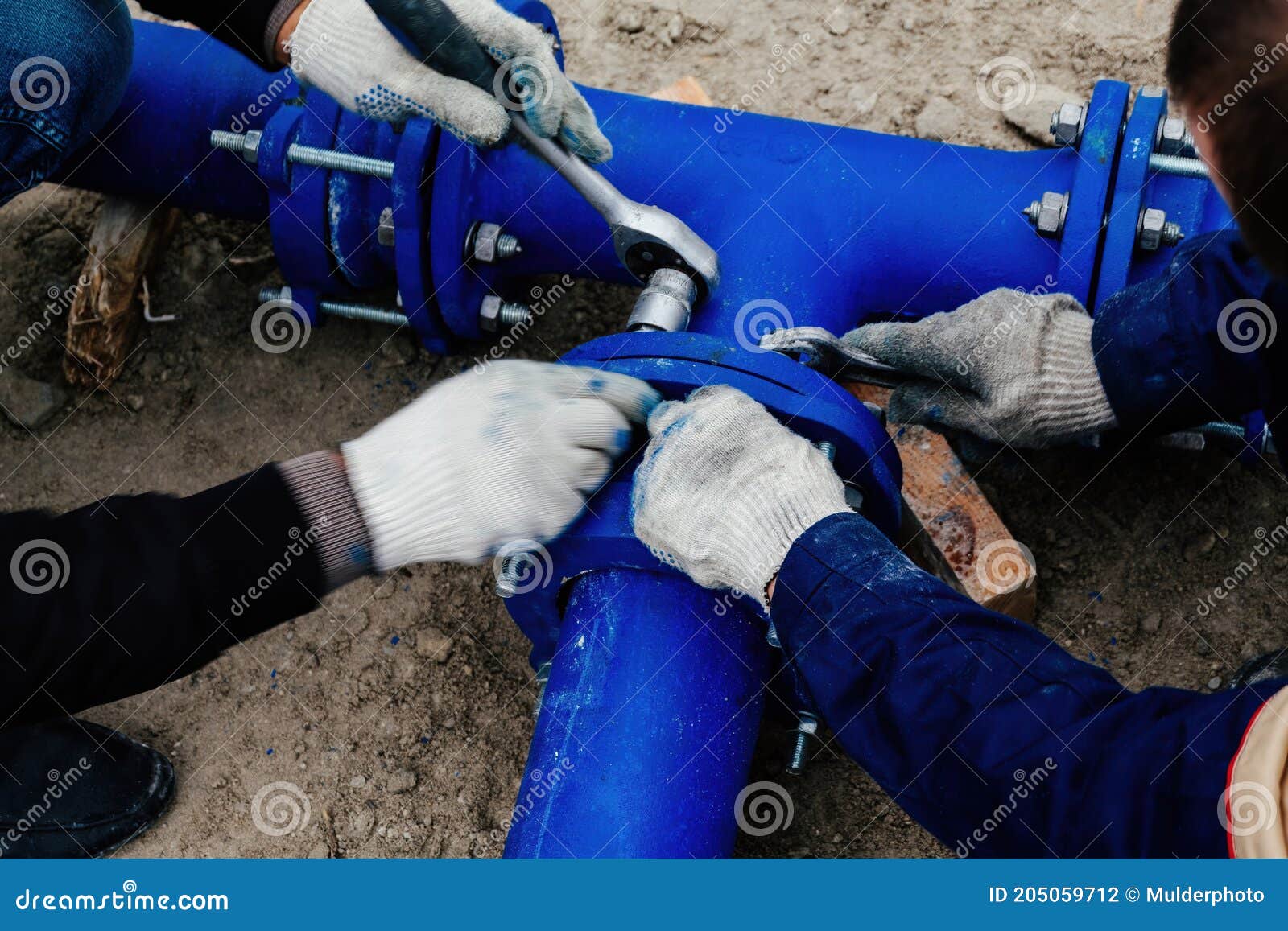 Workers Installing Water Supply Pipeline System, Close Up Stock Photo ...
