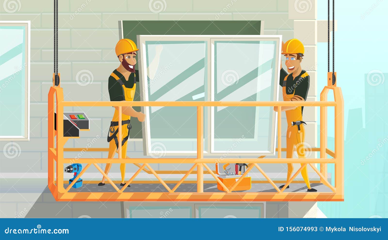 Workers Installing Window on Construction Vector Stock Vector ...