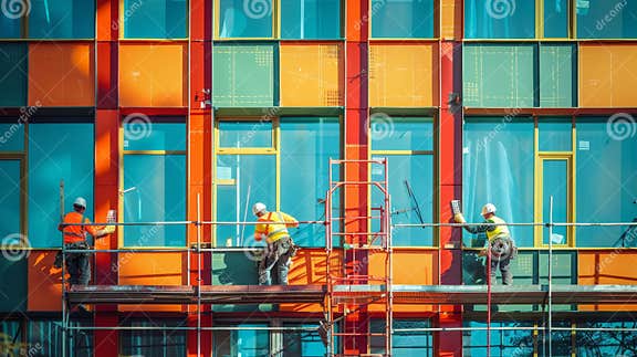 Workers Installing Windows, Construction Site, Building Framework ...