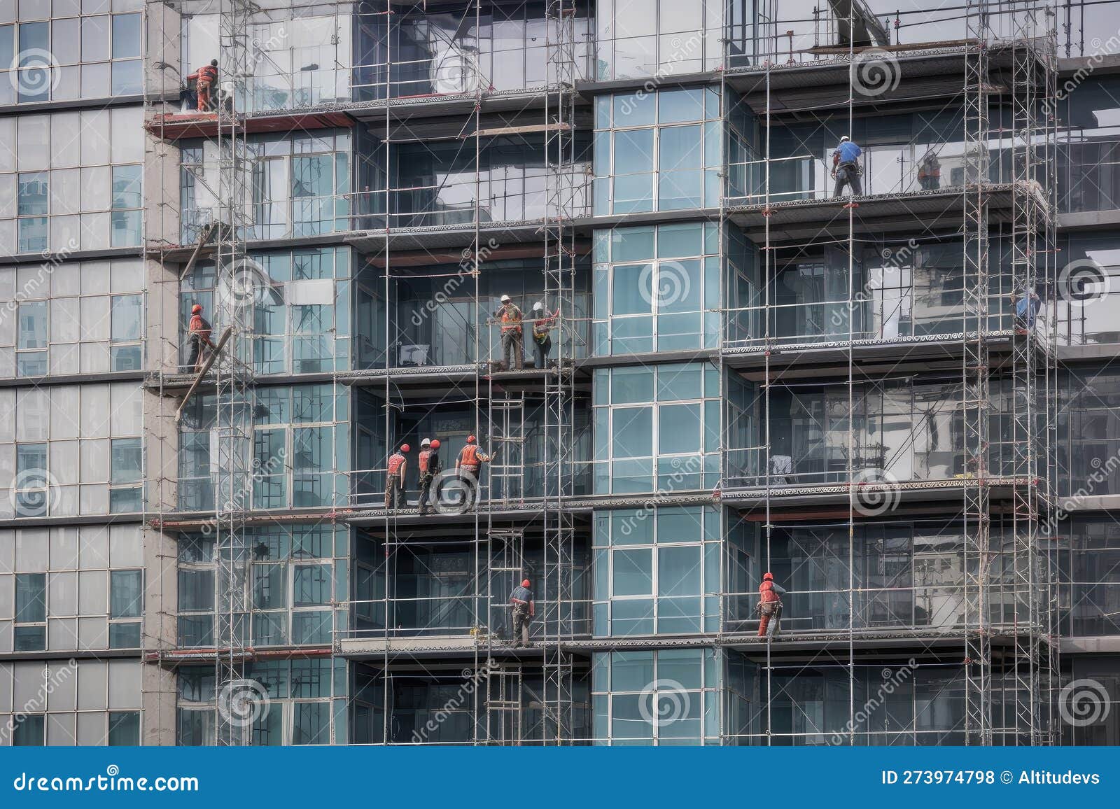 Workers, Installing Windows on High-rise Building, with Scaffolding and ...