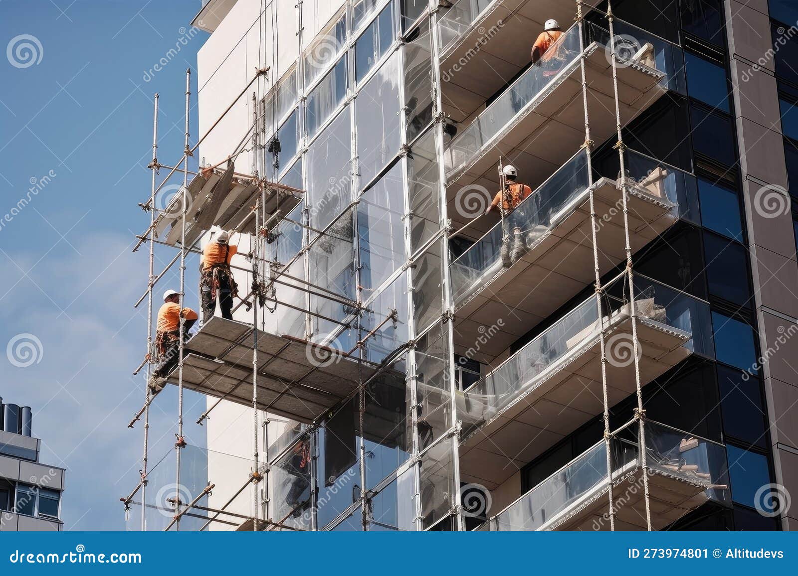 Workers, Installing Windows on High-rise Building, with Scaffolding and ...