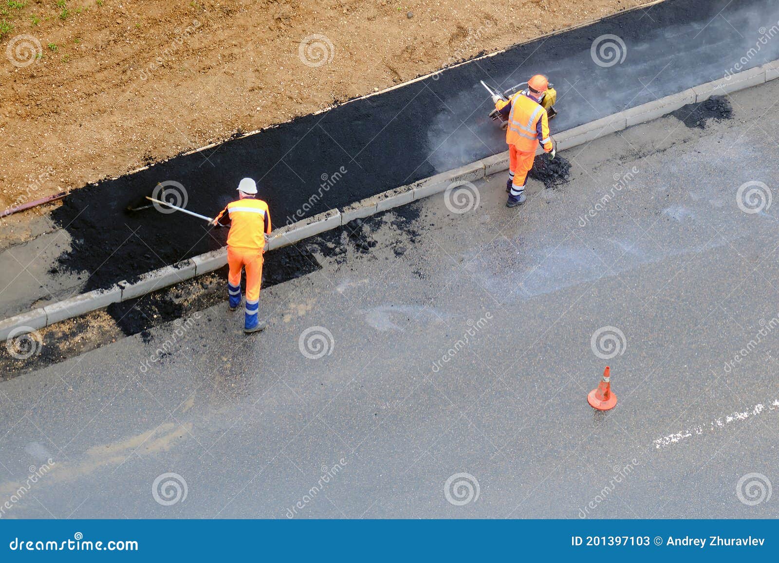 Workers Lay Asphalt with a Hand Roller on the Sidewalk Near the Road ...
