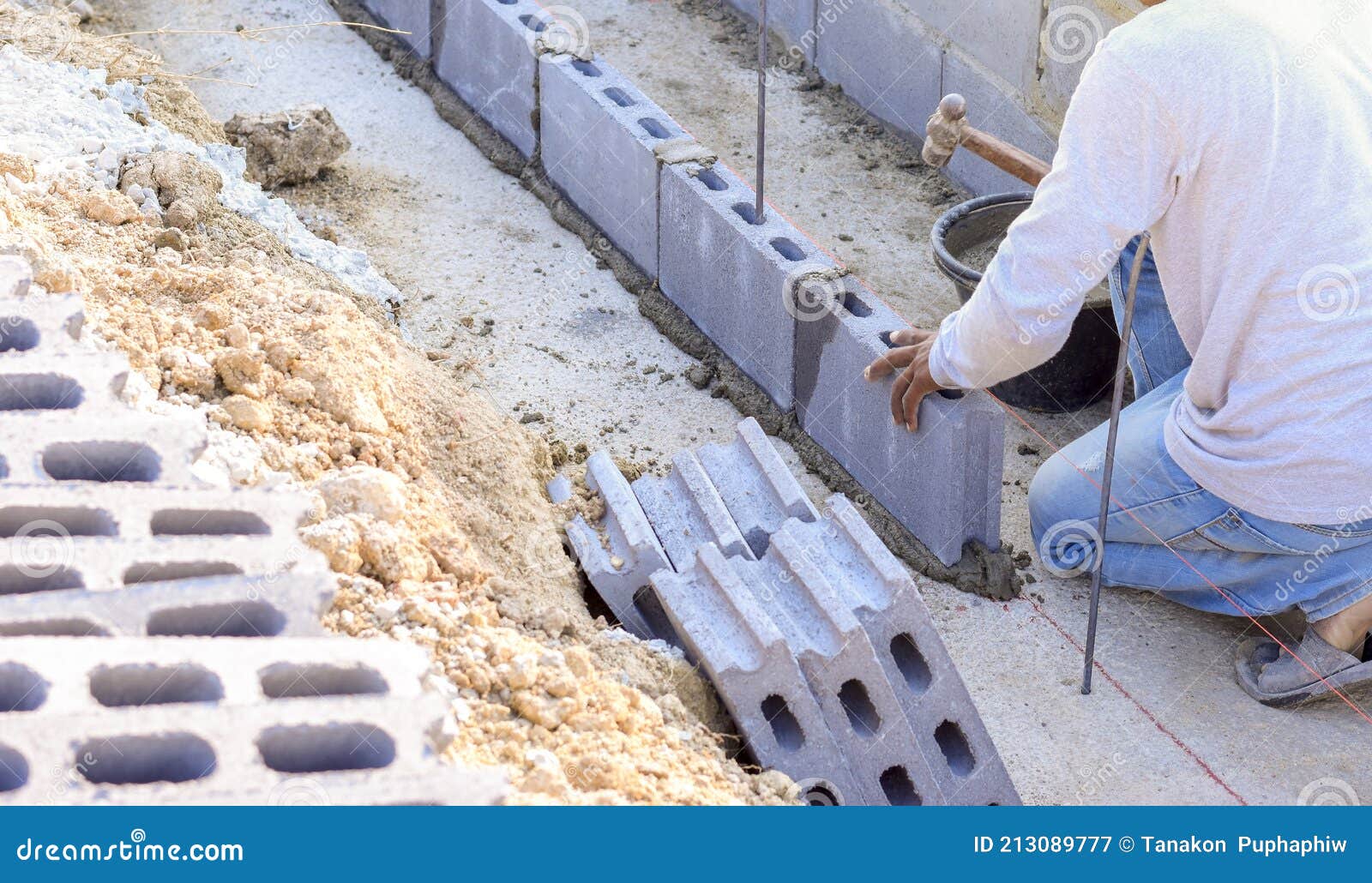Workers are Laying Blocks of Bricks Stock Image - Image of cement ...
