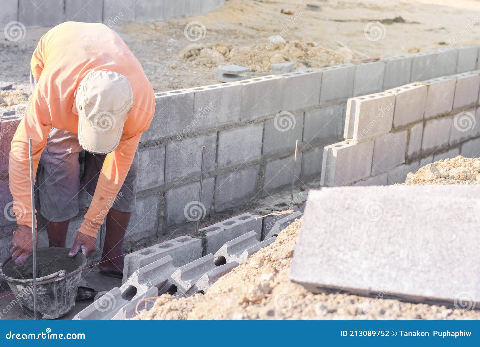 Workers are Laying Blocks of Bricks Stock Photo - Image of building ...