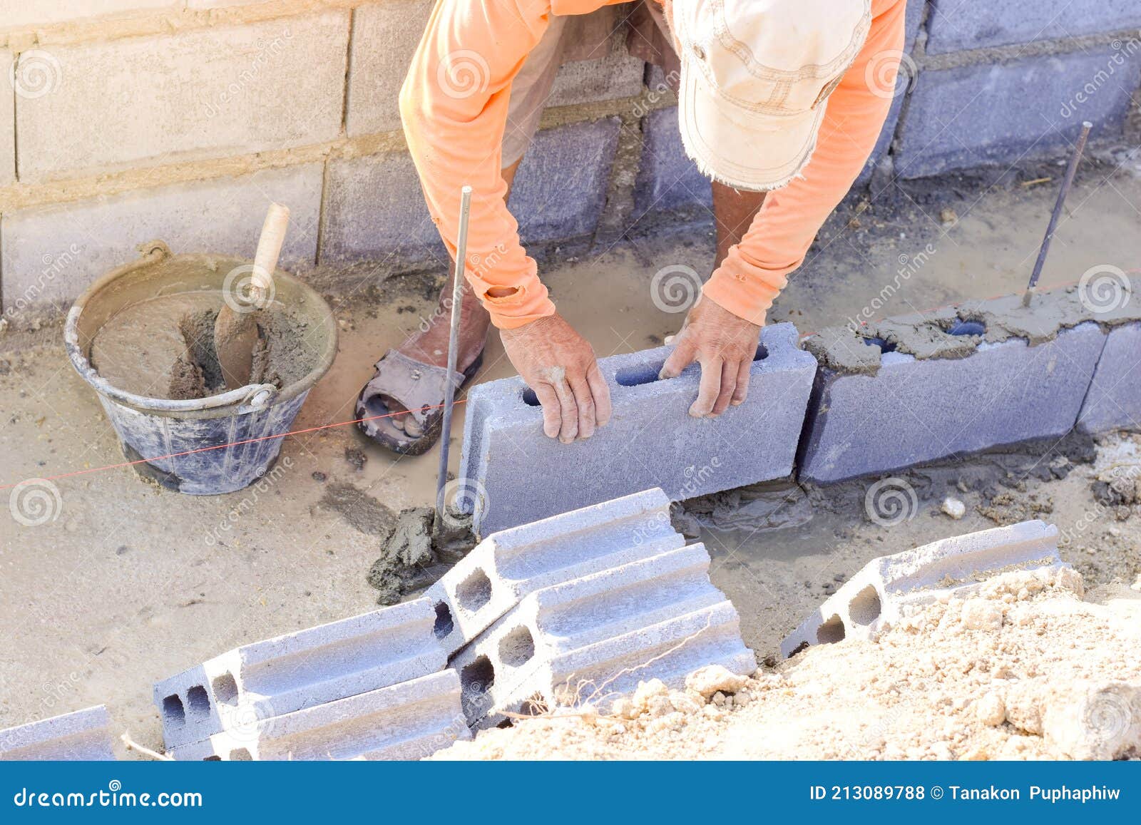 Workers are Laying Blocks of Bricks Stock Photo - Image of cement ...