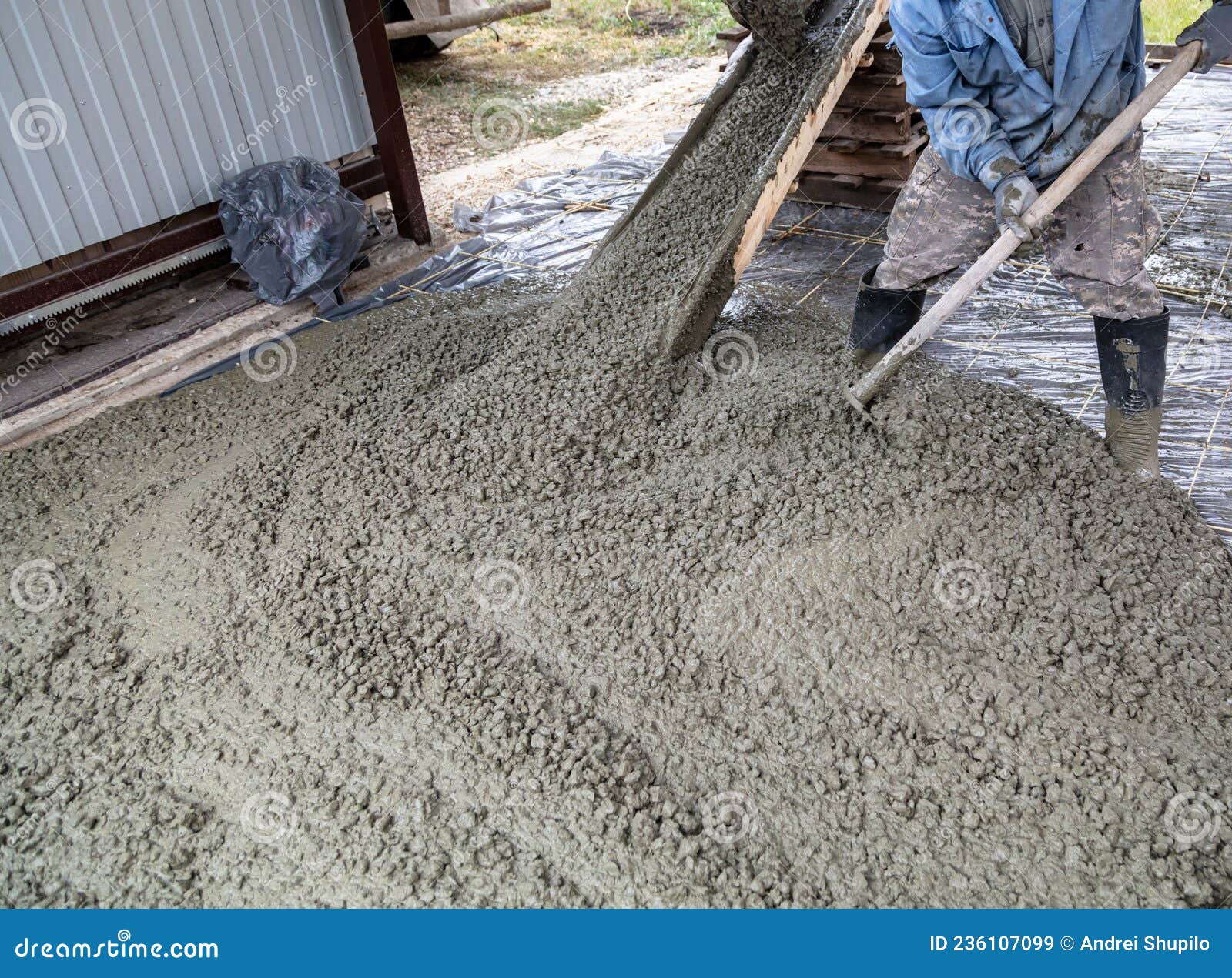 Workers Level Out the Concrete Mix at a Construction Site. Stock Image ...