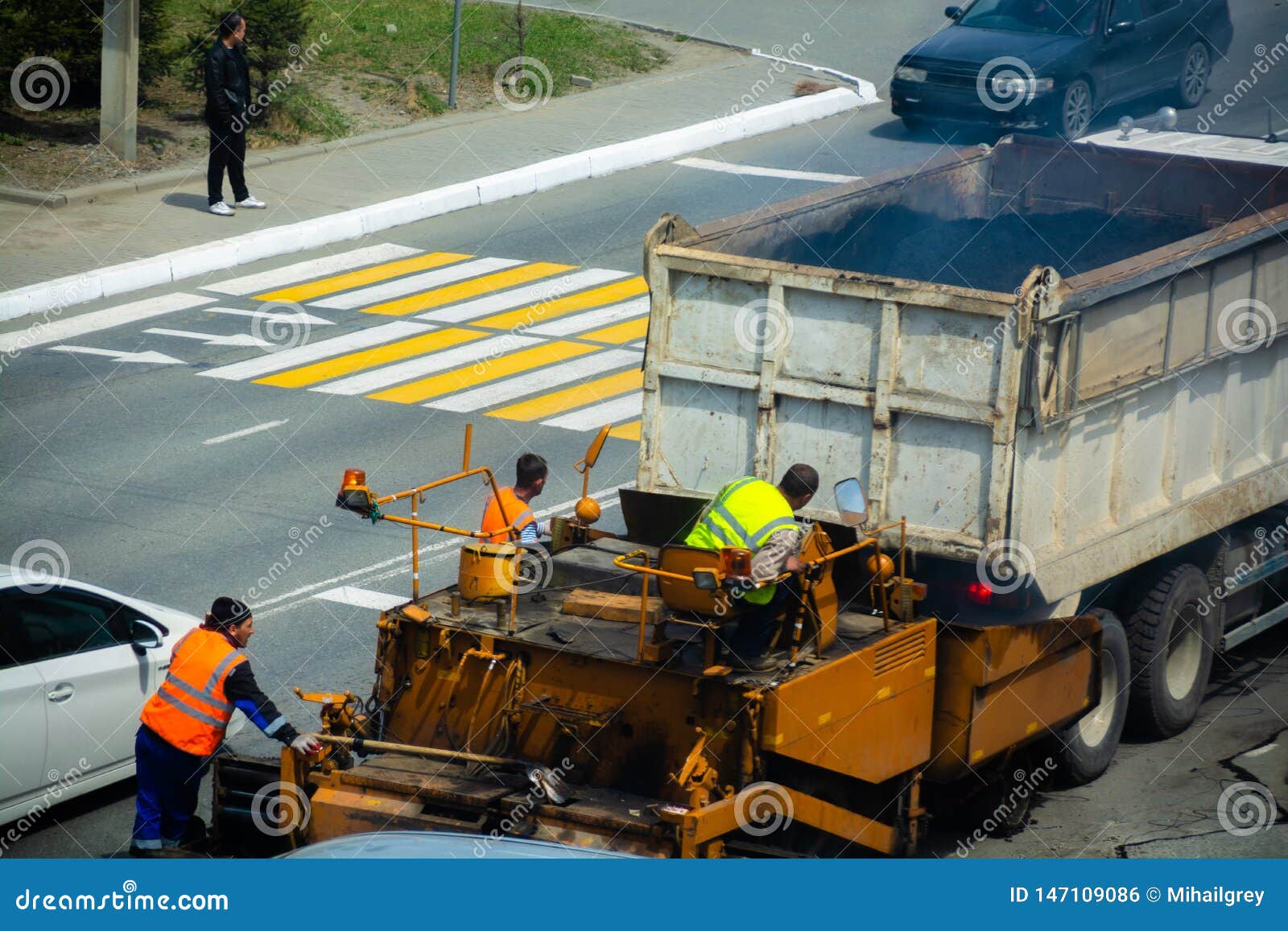 Workers are Loading Asphalt in the Paver. Editorial Photo - Image of ...