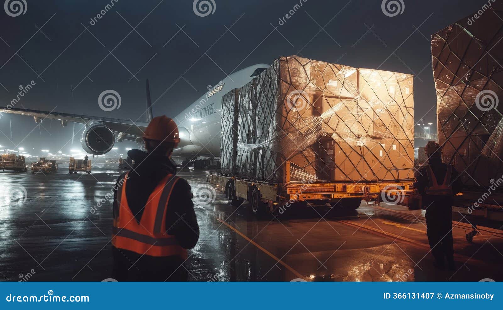 Workers Loading Cargo Onto An Airplane At A Rainy Airport Night Scene ...