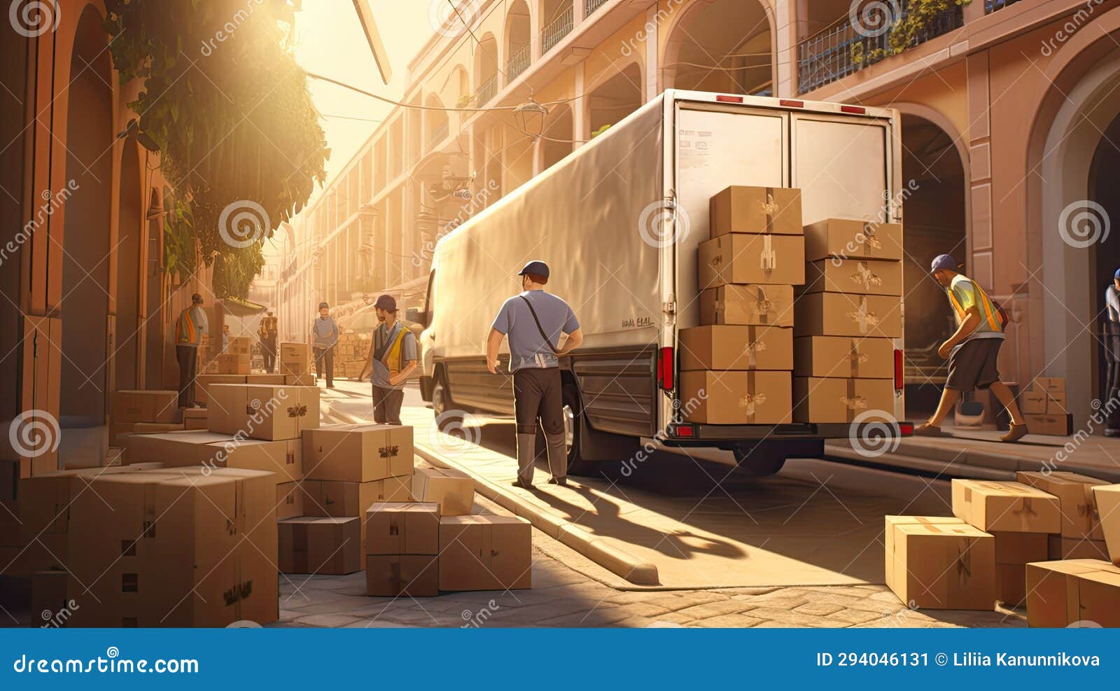 Workers Loading a Delivery Truck with Neatly Stacked Cardboard Boxes ...