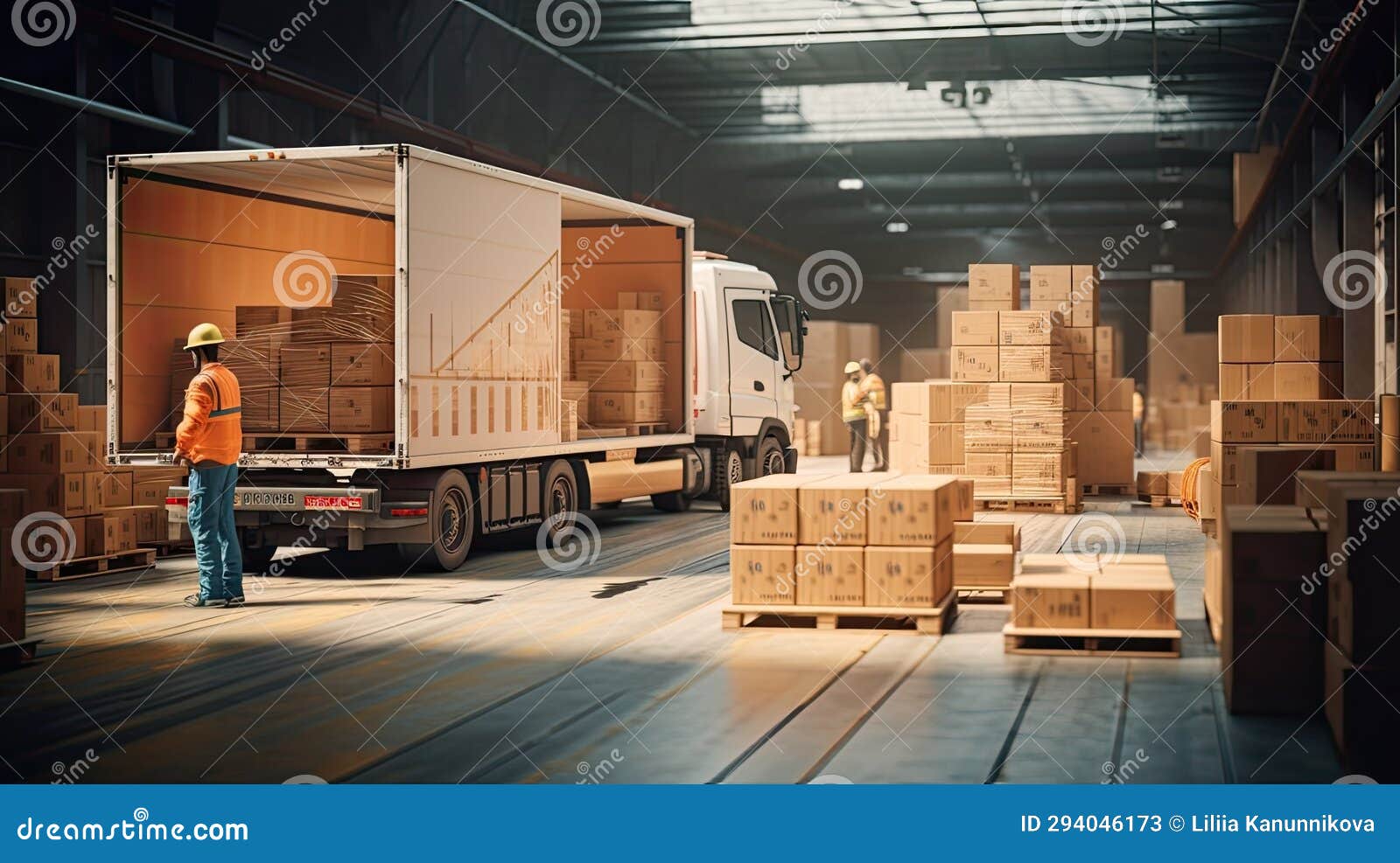 Workers Loading a Delivery Truck with Neatly Stacked Cardboard Boxes ...