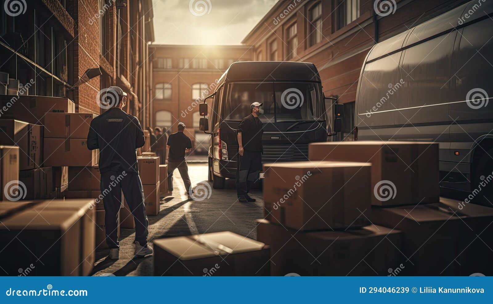Workers Loading a Delivery Truck with Neatly Stacked Cardboard Boxes ...