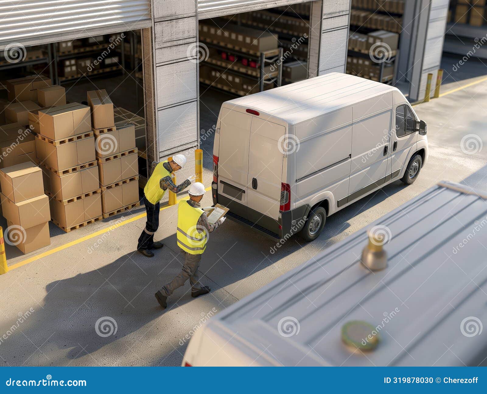 Workers Loading Delivery Van at Warehouse Stock Illustration ...