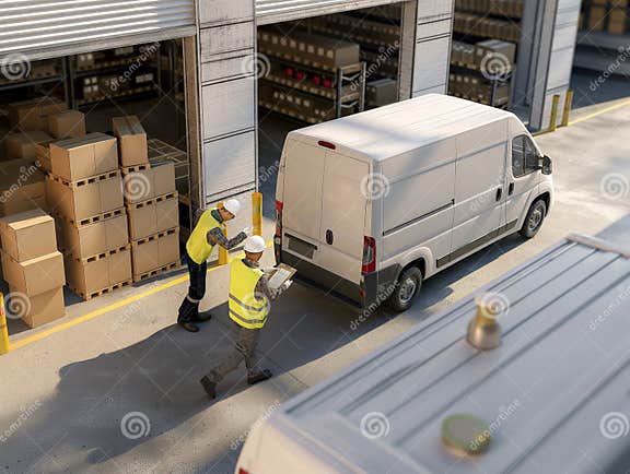 Workers Loading Delivery Van at Warehouse Stock Illustration ...