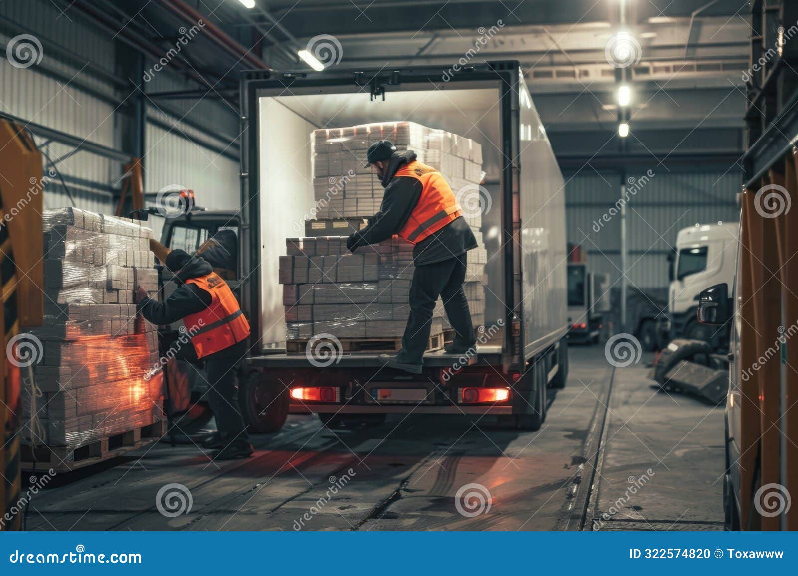 Workers Loading Pallets into a Truck in a Warehouse Stock Photo - Image ...