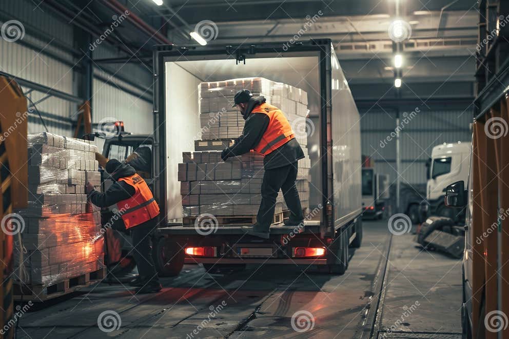 Workers Loading Pallets into a Truck in a Warehouse Stock Photo - Image ...