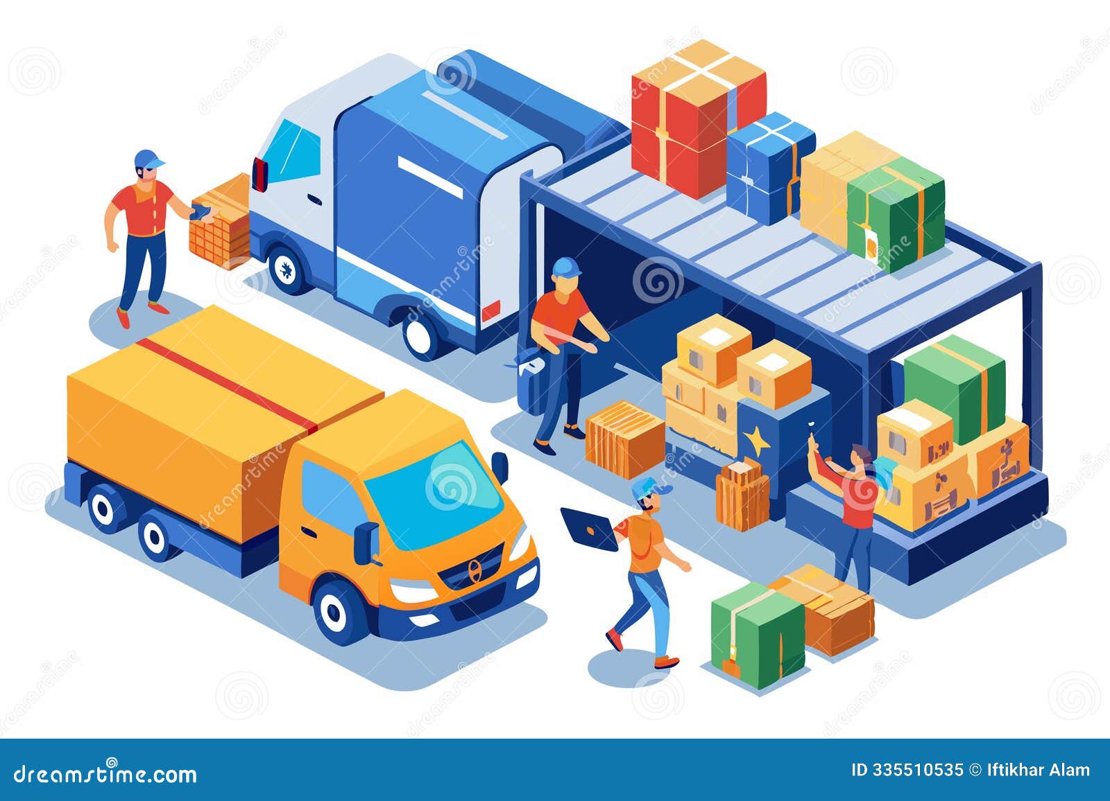 Workers are Loading Various Packages into Trucks at a Busy Warehouse ...