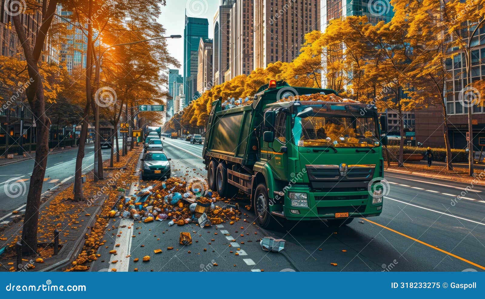 Workers Loading Waste into Bright Green Garbage Truck Stock ...