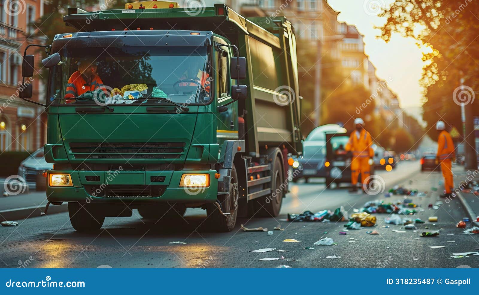 Workers Loading Waste into Bright Green Garbage Truck Stock ...