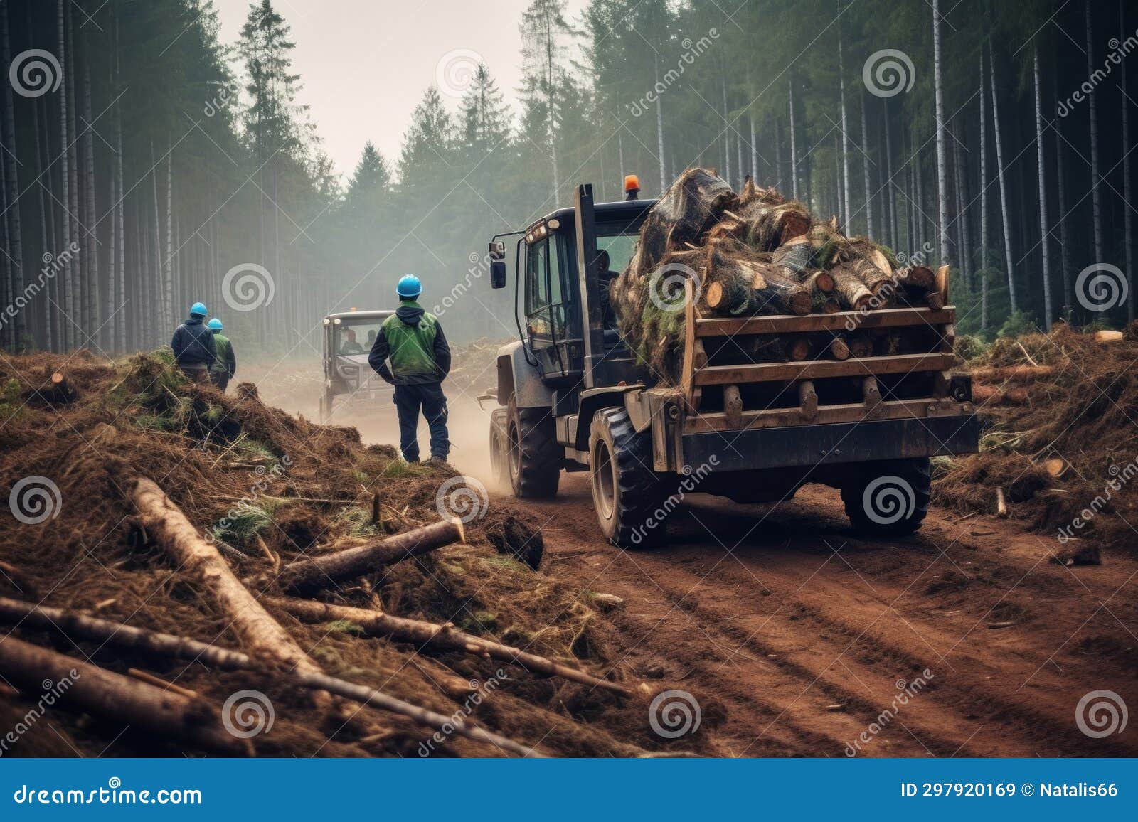 Workers and Machines Transporting Cut Timber from Forest. Logging ...
