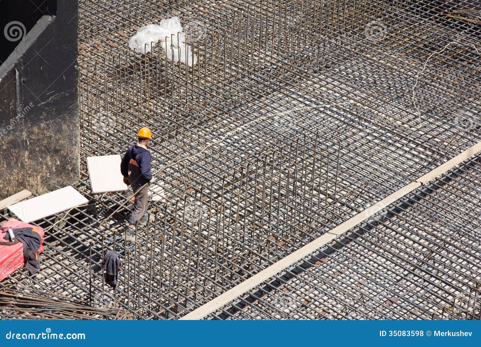 Workers Make Reinforcement for Concrete Foundation Stock Photo - Image ...