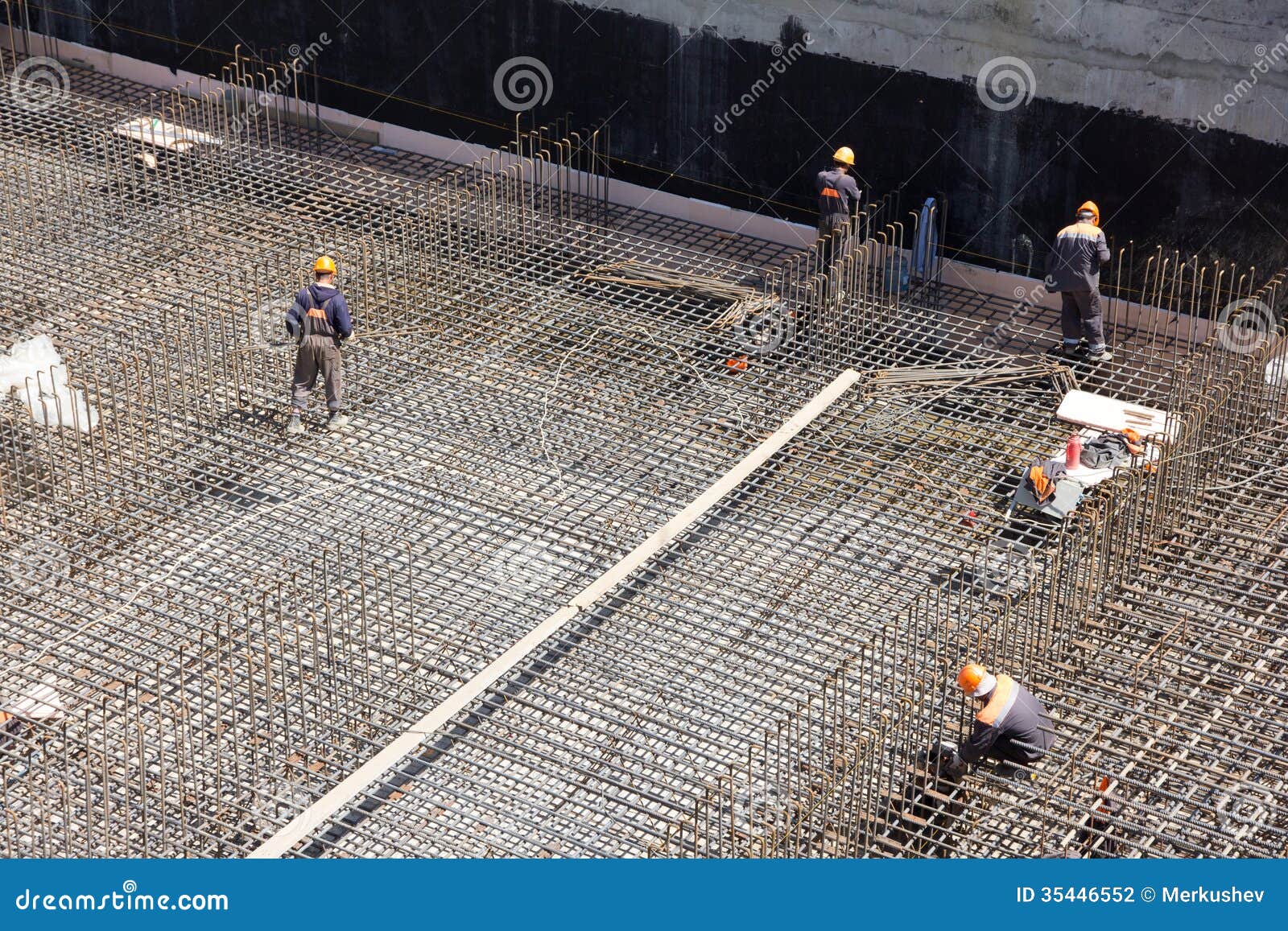 Workers Make Reinforcement for Concrete Foundation Stock Photo - Image ...